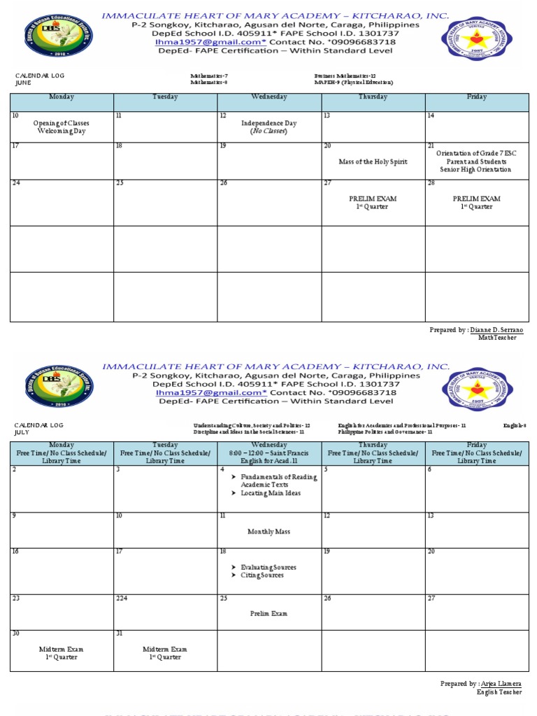 Calendar Log June: Mathematics-7 Business Mathematics-12 Mathematics-8 ...
