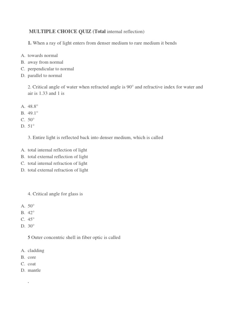 Total Internal Reflection MCQ Quiz | PDF