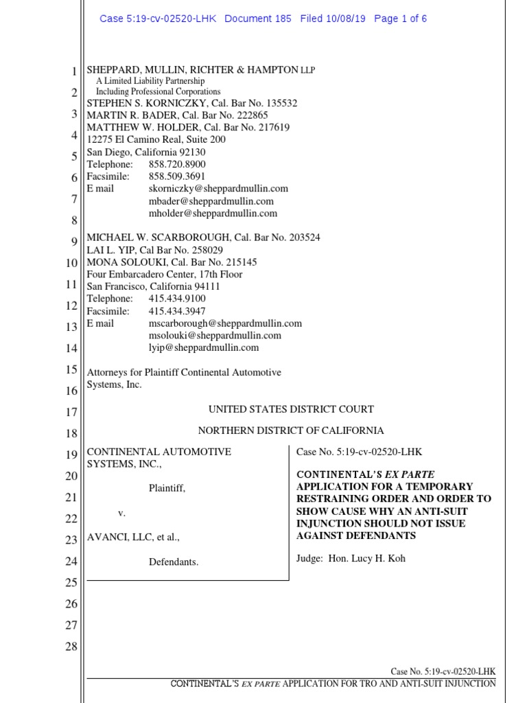 Continental's TRO & Anti-Suit Injunction Application | PDF | Injunction ...