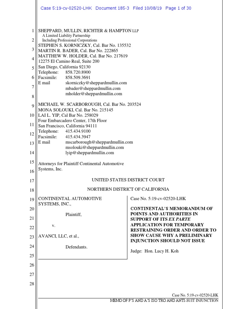 19-10-08 Continental Memo ISO Motion For TRO Against Avanci Et Al. | PDF | Injunction | Lawsuit