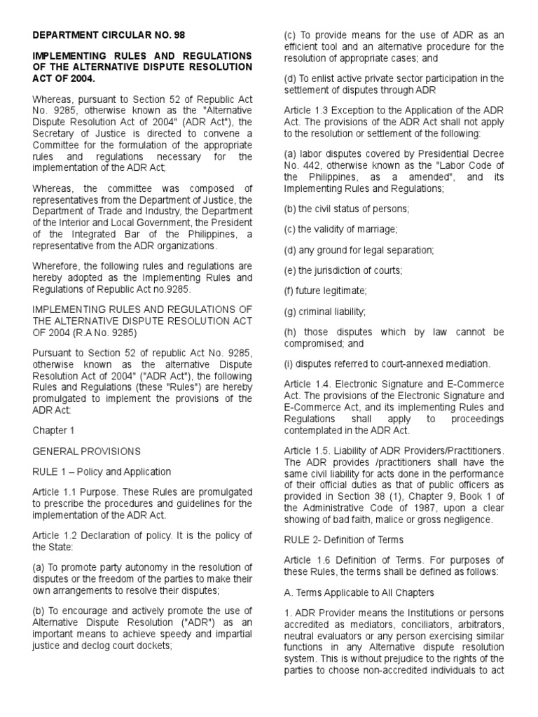IRR of RA 9285 | PDF | Mediation | Alternative Dispute Resolution