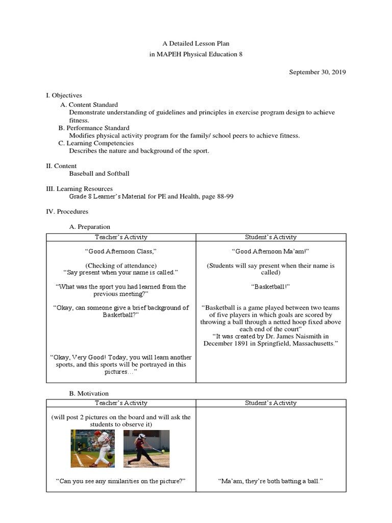 Detailed Lesson Plan in MAPEH 8 - Baseball and Softball | Download Free ...