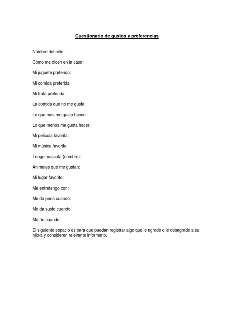 Cuestionario de Gustos y Preferencias | PDF