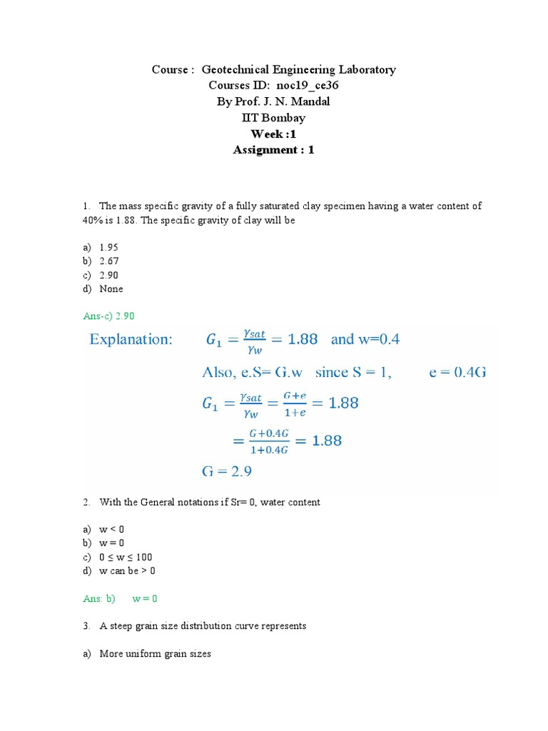 Geotechnical Engineering Laboratory (Noc19 - Ce36) - Week 1, Assignment 1 - Solution | PDF