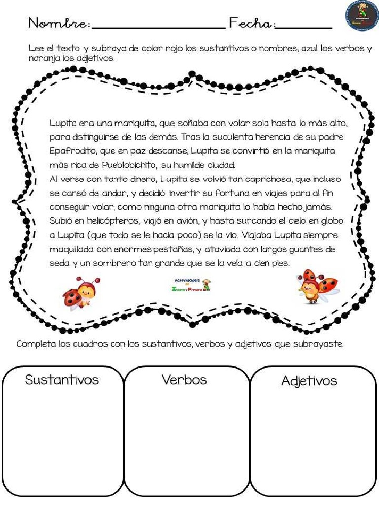 Actividades Buscamos Sustantivos Verbos Adjetivos | PDF