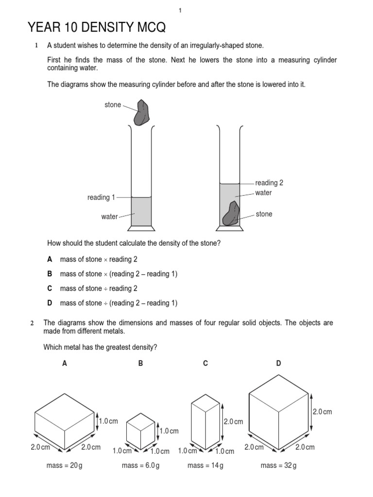 Yr 10 Density MCQ | PDF | Density | Volume
