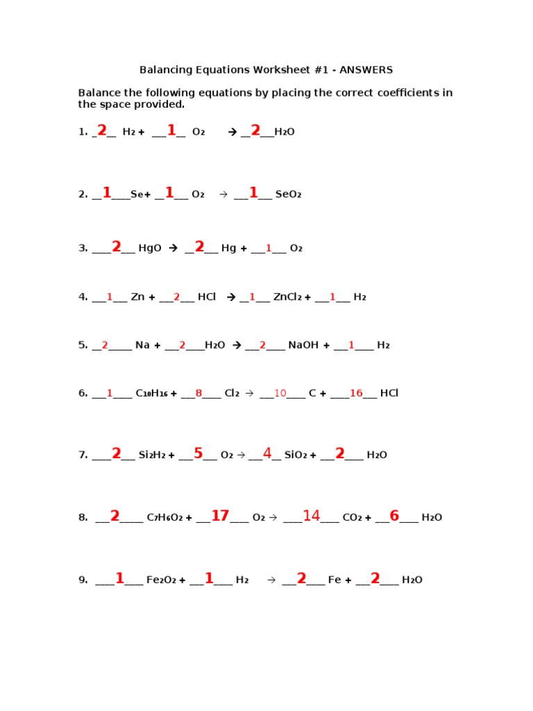 Chemistry Balancing Chemical Equations Worksheet 1 Answer Key
