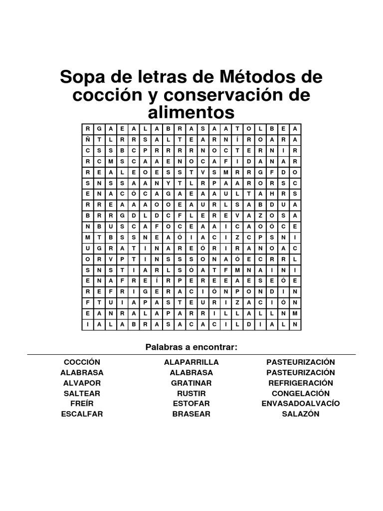 Sopa de Letras de Métodos de Cocción y Conservación de Alimentos | PDF ...