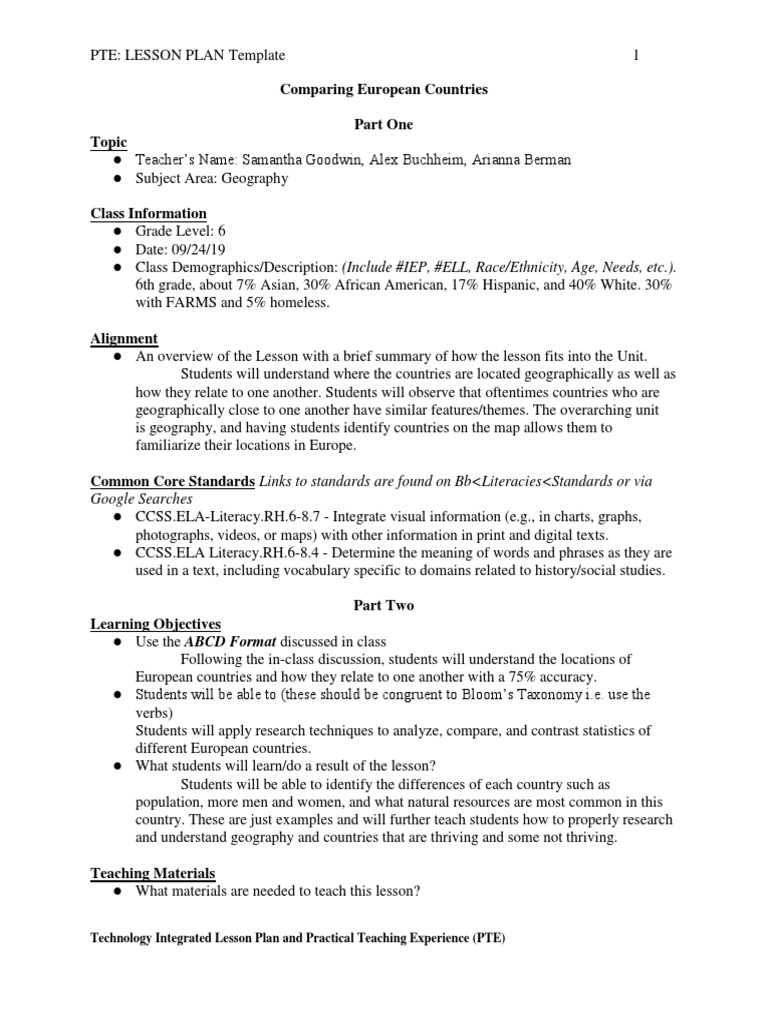 Pte Lesson Template | PDF | Lesson Plan | Educational Assessment