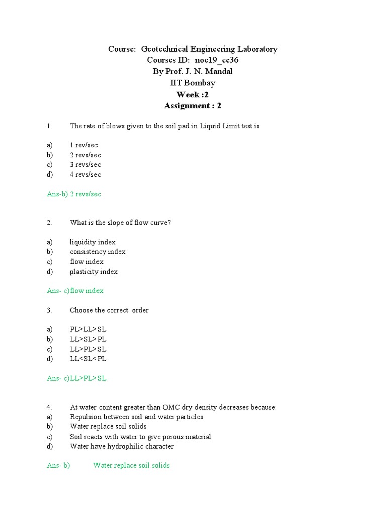 Geotechnical Engineering Laboratory (Noc19 - Ce36) - Week 2, Assignment 2 - Solution | PDF