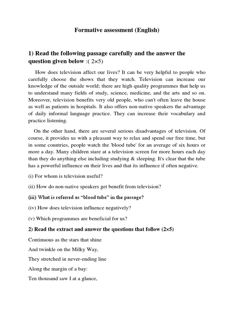 Formative Assessment (English) : 2) Read The Extract and Answer The ...