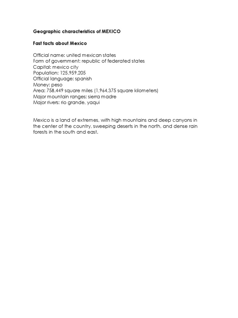 Geographic Characteristics of MEXICO Fast Facts About Mexico | PDF