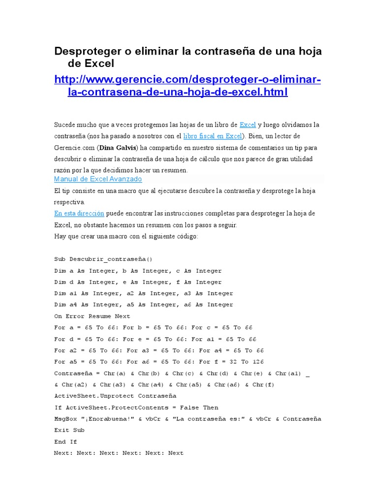 Desproteger o Eliminar La Contraseña de Una Hoja de Excel | PDF | Macro ... Desproteger o Eliminar La Contraseña de Una Hoja de Excel | PDF | Macro ...