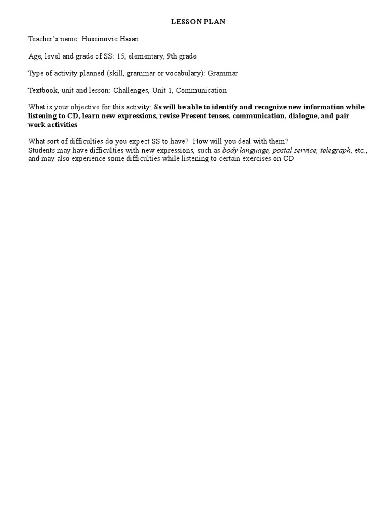 Lesson Plan - 9th Grade | PDF | Lesson Plan | Communication