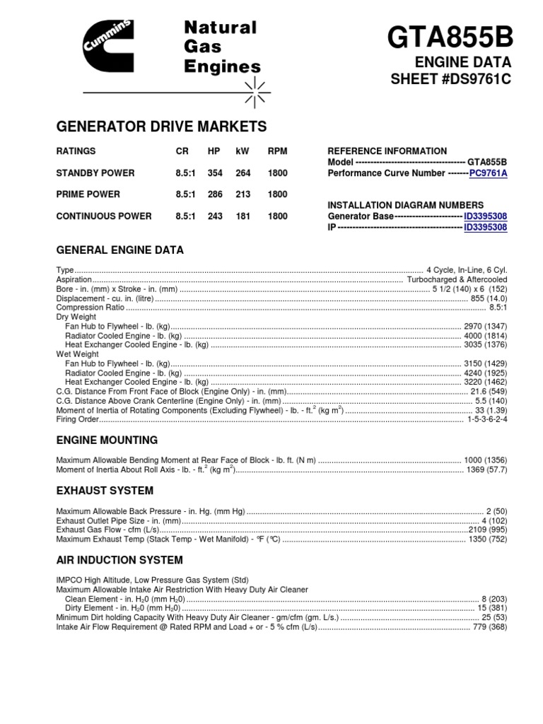 GTA855B: Engine Data SHEET #DS9761C | PDF | Motor Oil | Liquefied ...