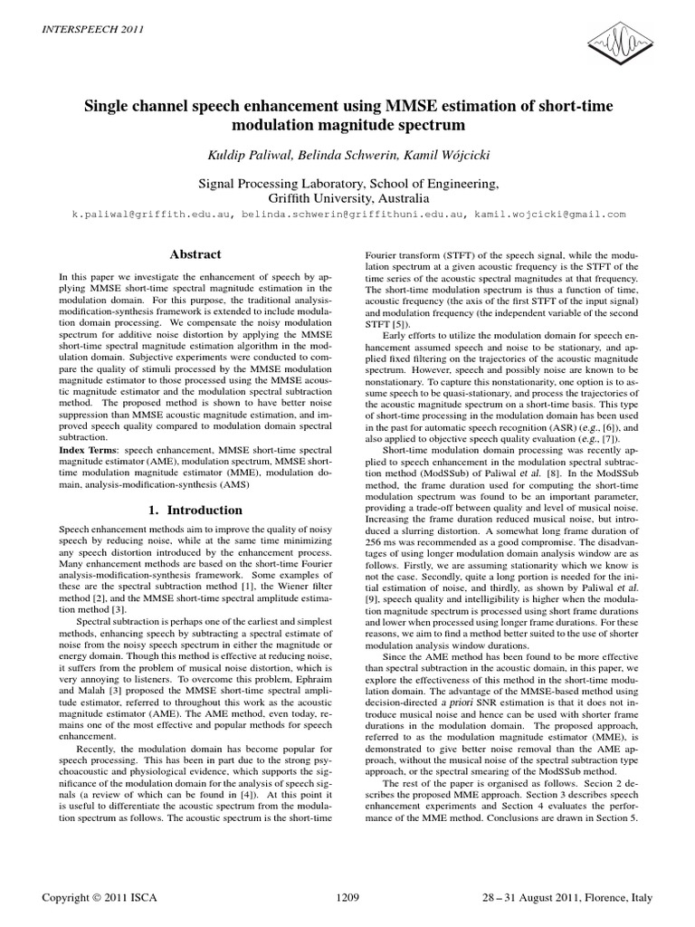 Single Channel Speech Enhancement Using MMSE Estimation of Short-Time Modulation Magnitude ...