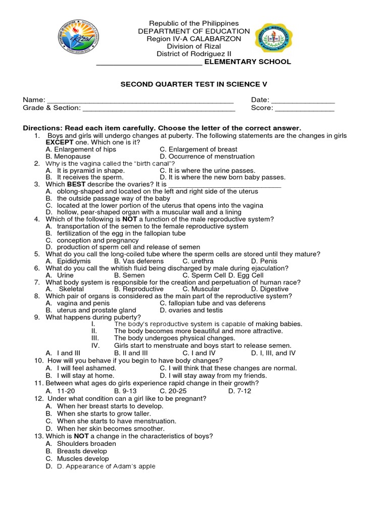 Science 5-Second Quarter Test 2019-2020 | PDF | Reproductive System ...
