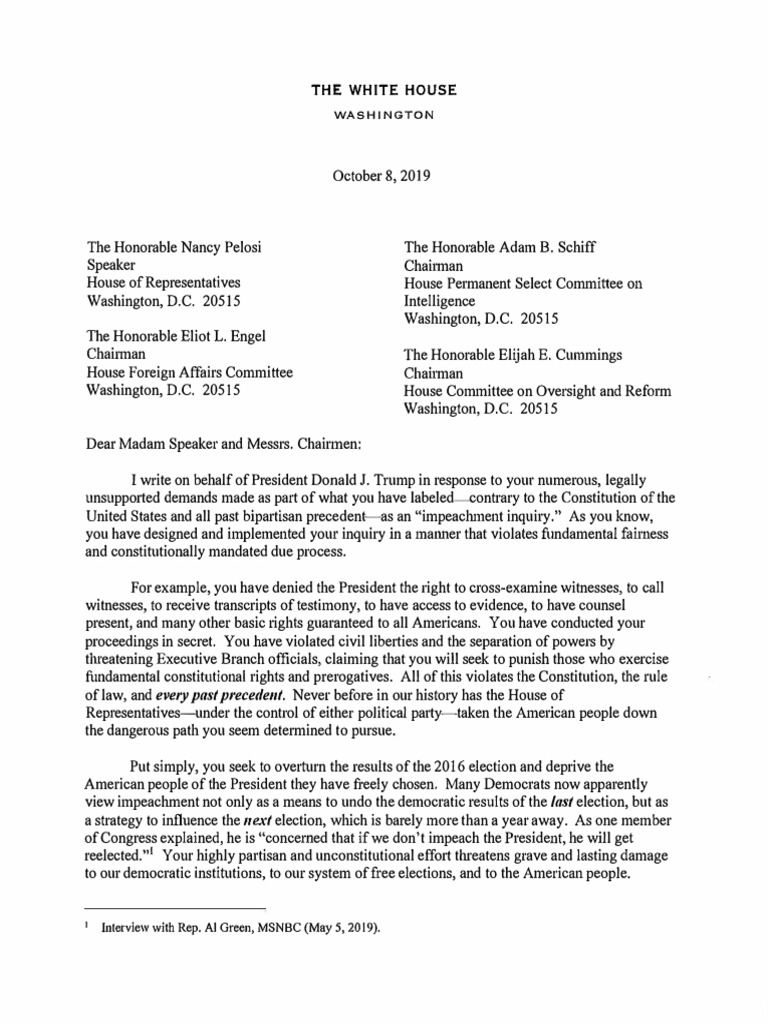 White House letter to Nancy Pelosi | United States House Of ...