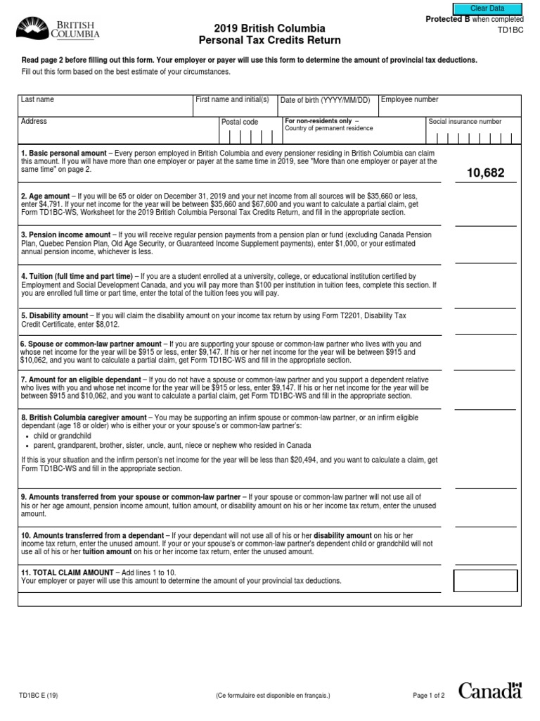 2019 British Columbia Personal Tax Credits Return: Country of Permanent ...