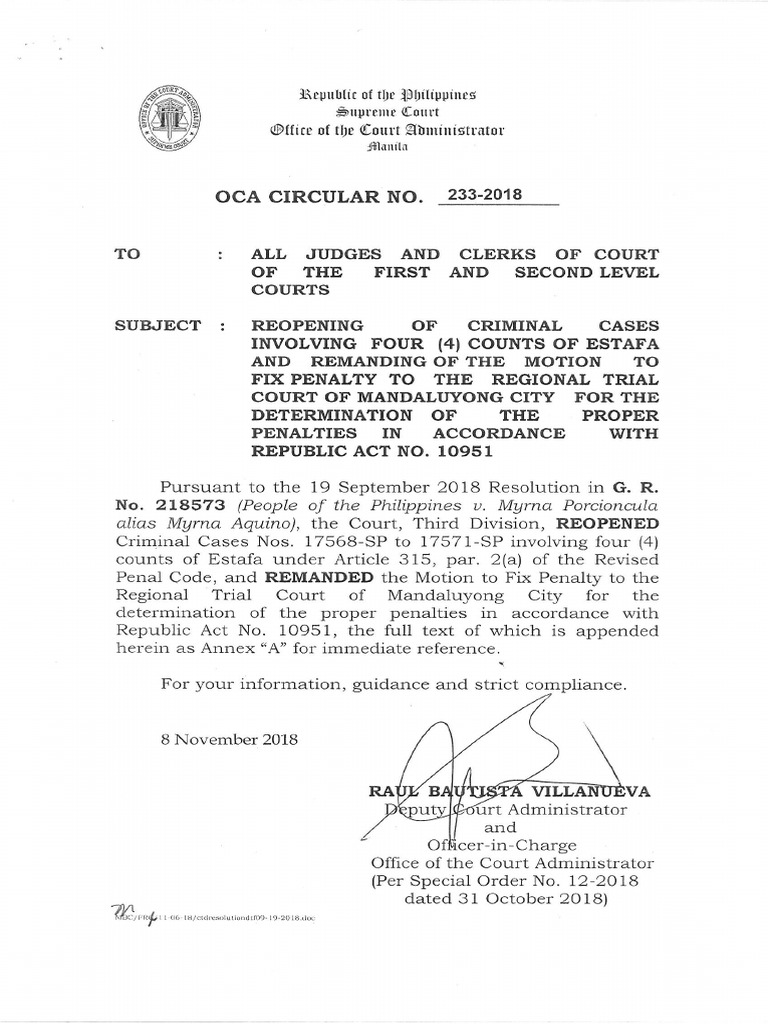 OCA Circular No. 233 2018 | PDF