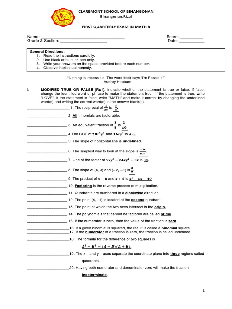 Math 8 First Quarter Exam Answers | PDF | Fraction (Mathematics ...