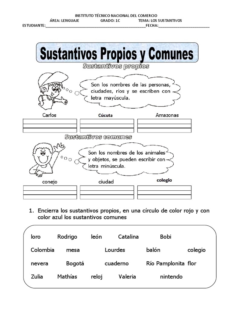 Hoja De Trabajo De Sustantivo Comun Y Sustantivo Propio