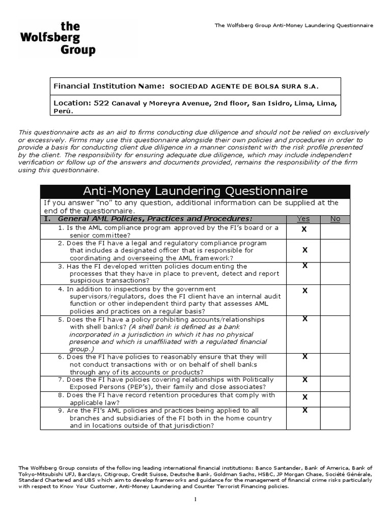 Formulario Wolfsberg | PDF | Money Laundering | Banking