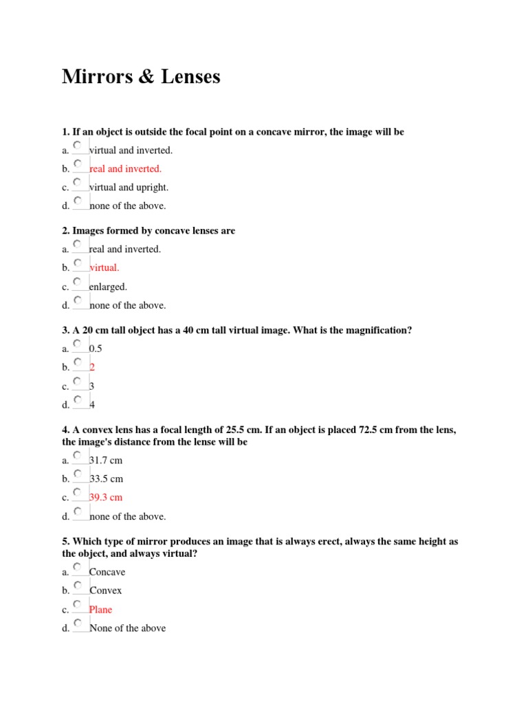 Mirrors and Lenses Quiz | PDF | Lens (Optics) | Reflection (Physics)