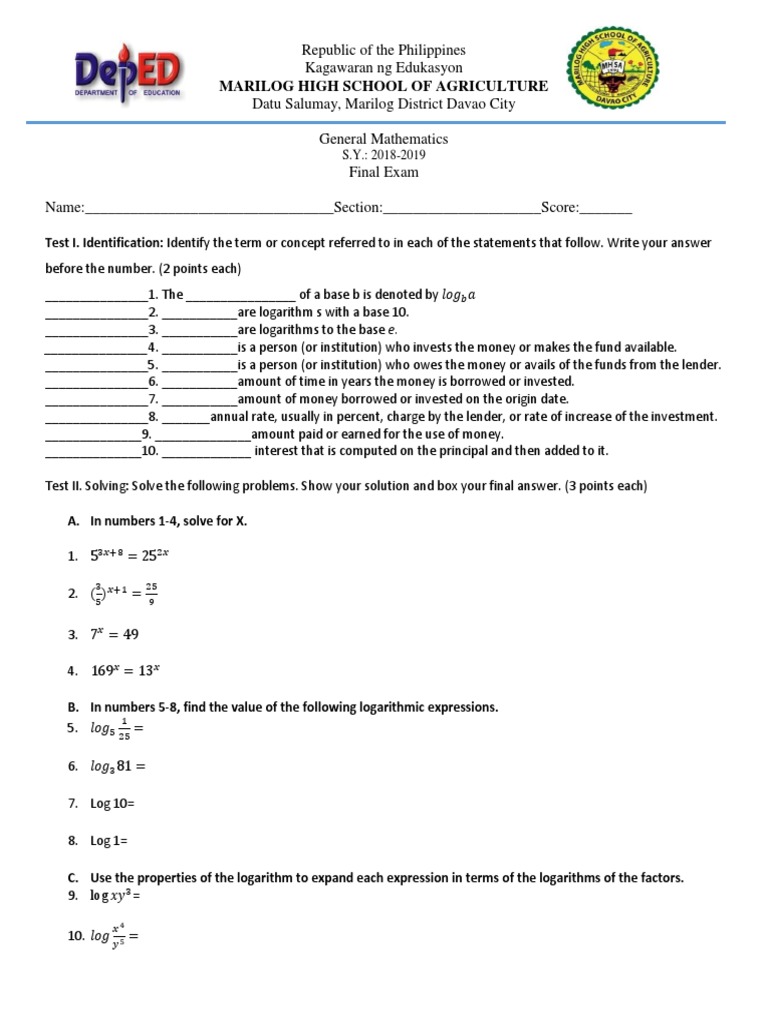 General Mathematics Grade 11 First Grading Exam | PDF | Logarithm ...