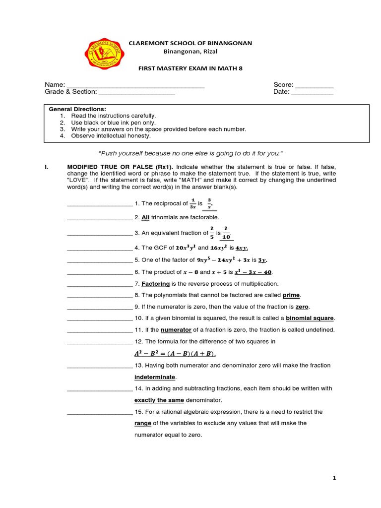 Mastery Exam - Math 8 - Ines | PDF | Fraction (Mathematics) | Numbers