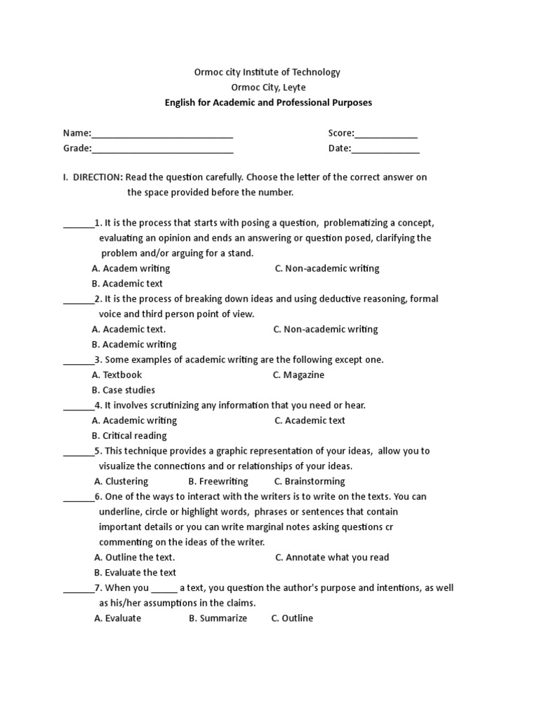 Exam English For Acad. | PDF | Brainstorming | Question