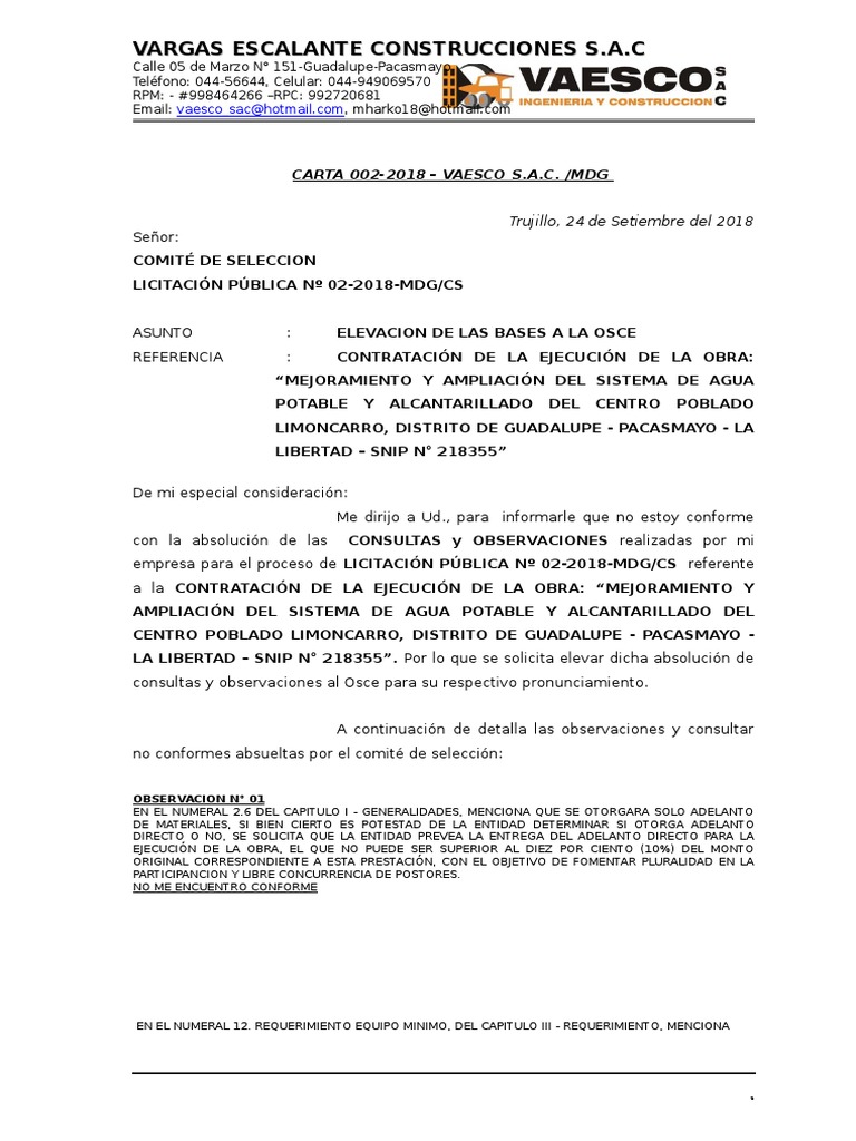 Carta de Elevacion A Osce | PDF | Alcantarillado | Calibración