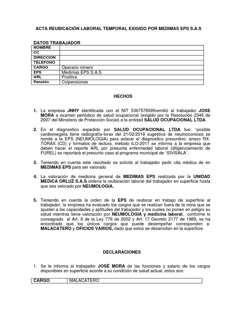 Acta Reubicacion Laboral Por Solicitud Salud Ocupacional | PDF | Labor | Bienestar