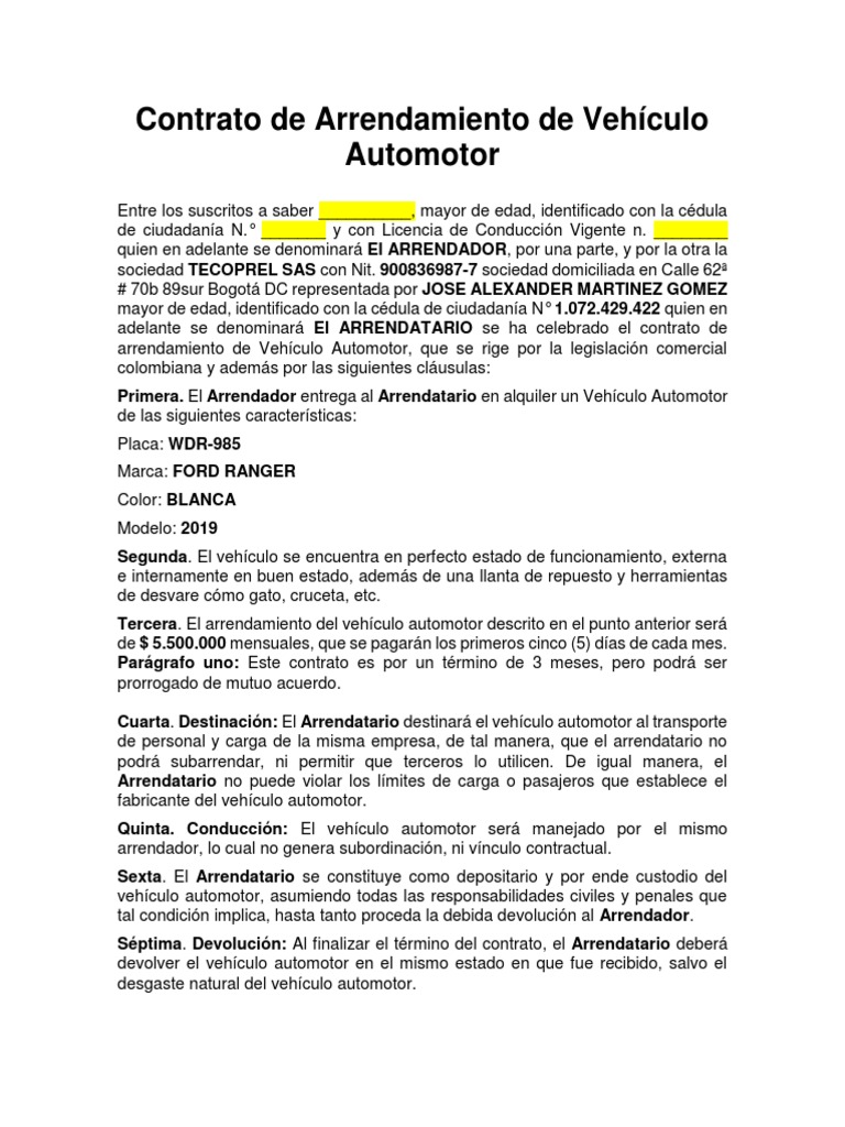 Contrato de Arriendo de Camioneta | Descargar gratis PDF | Alquiler