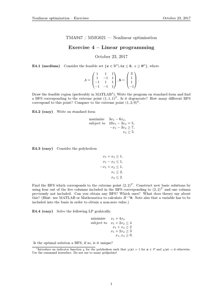 Exercise 4 Linear Programming Tma947 Mmg621 Nonlinear Optimisation Pdf Linear