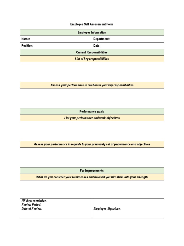 Employee Self Assessment Form Employee Information Name: Department ...