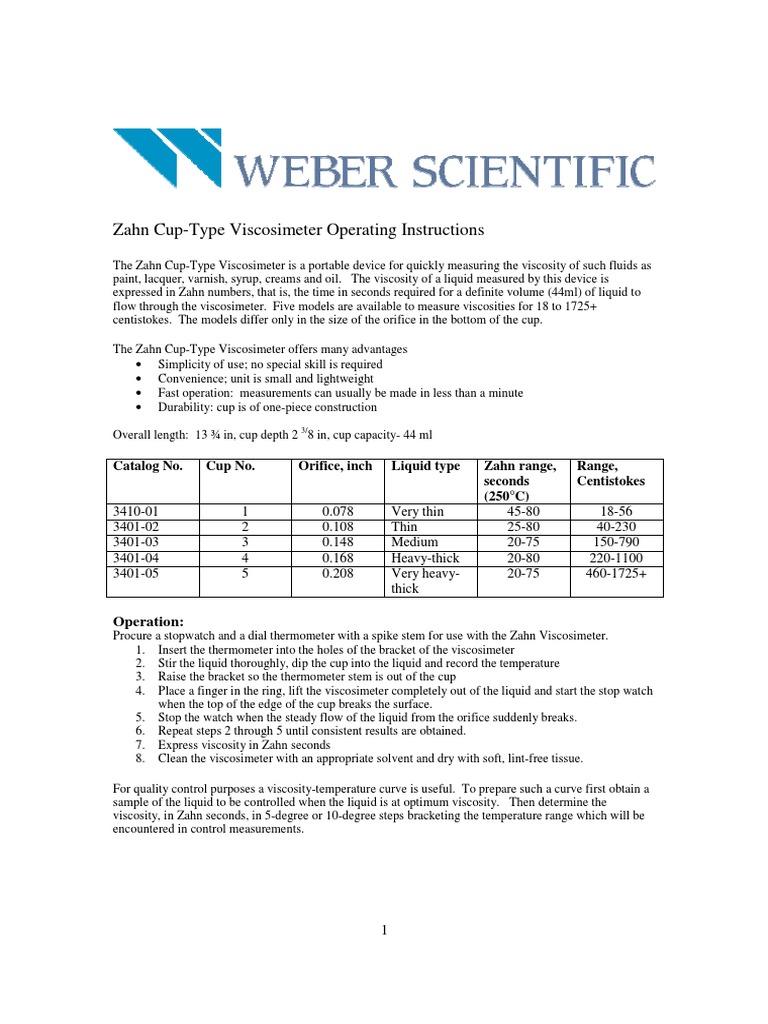 Zahn Cup-Type Viscosimeter Operating Instructions | PDF | Viscosity ...
