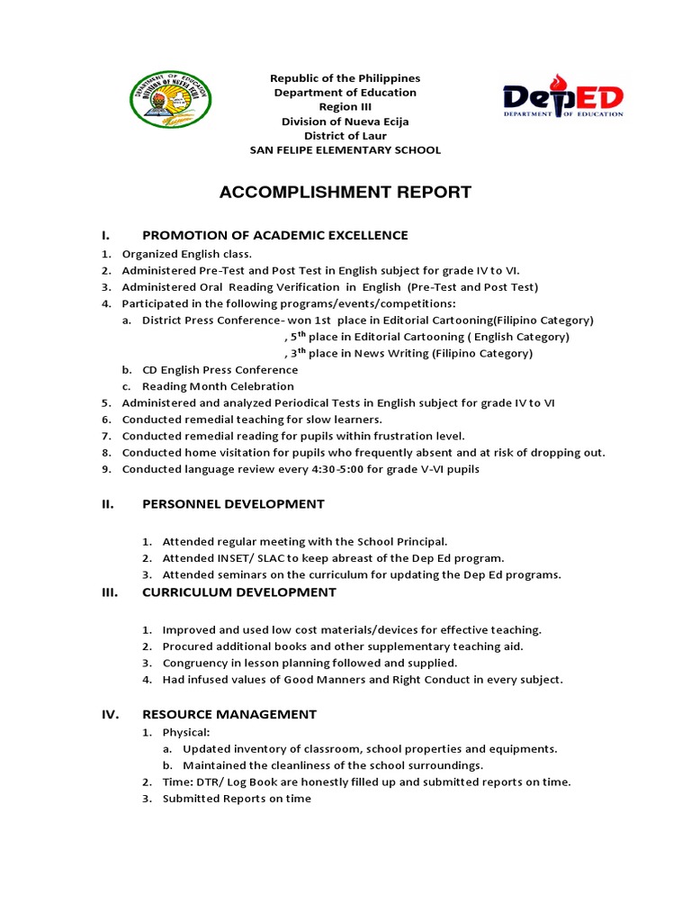 Accomplishment Report: I. Promotion of Academic Excellence | PDF ...
