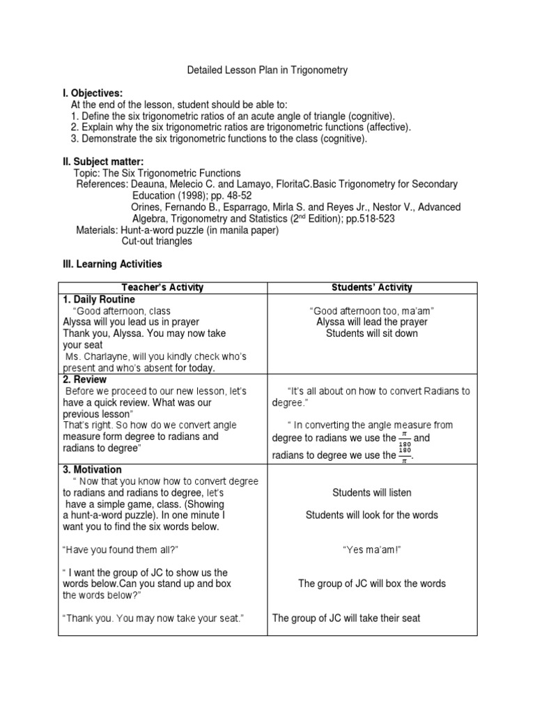Trigonometry Lesson Plan: Six Functions | PDF | Trigonometric Functions ...