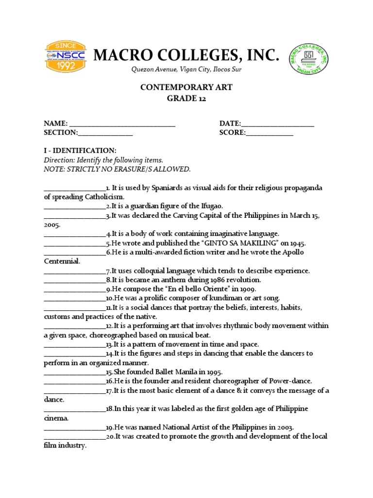 Macro Colleges, Inc.: Contemporary Art Grade 12 | PDF | Philippines ...