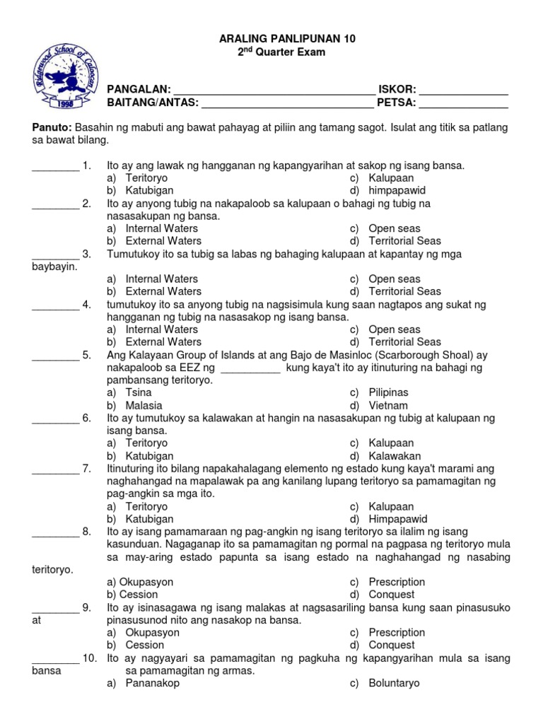 Araling Panlipunan 10 - Exam | PDF