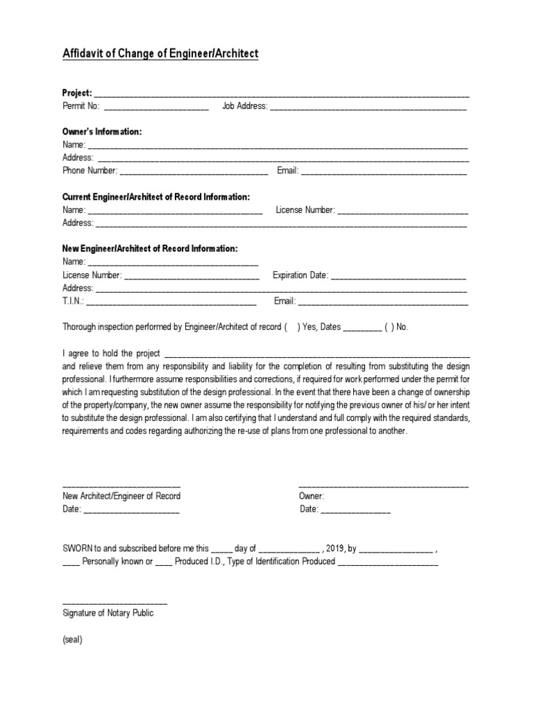 Affidavit of Change of Engineer/Architect | Architect | Identity Document