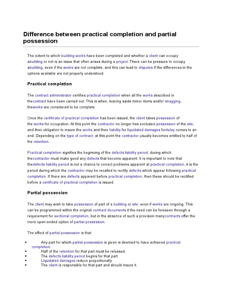 Difference Between Practical Completion and Partial Possession | PDF ...