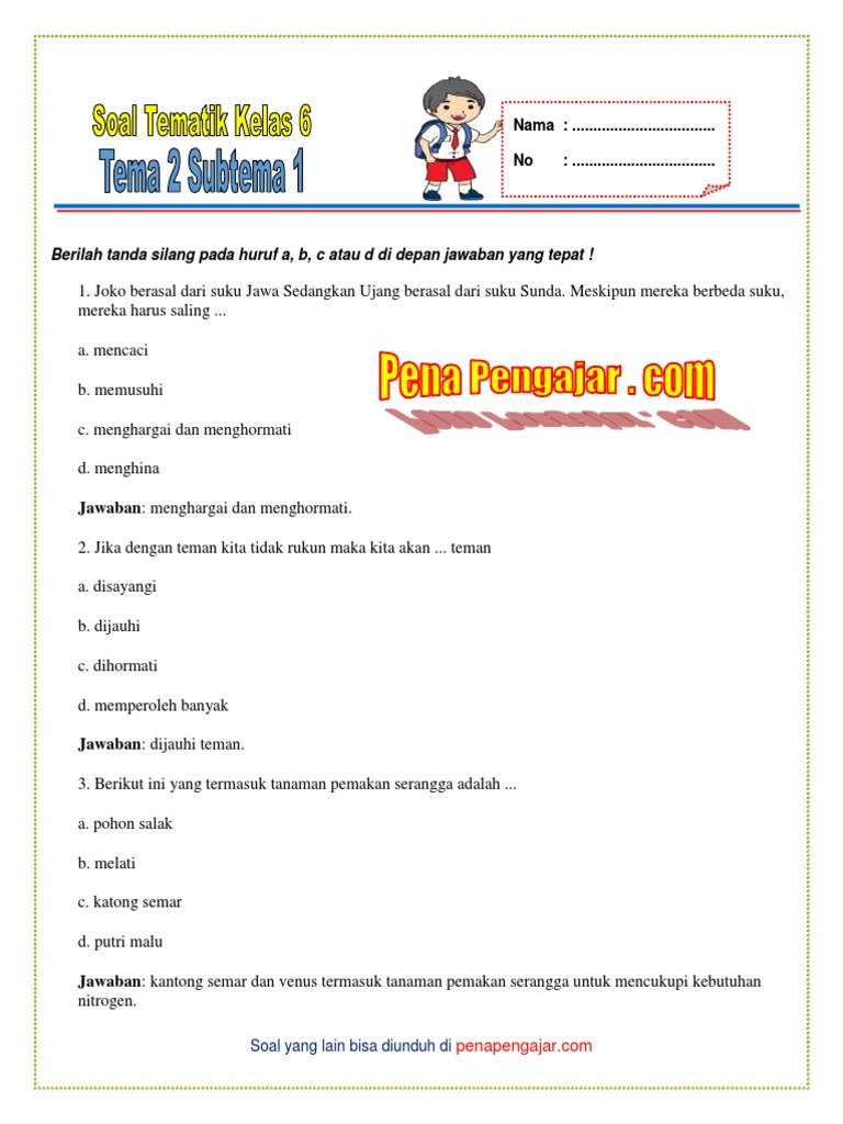 Soal Tematik Kelas 6 Tema2 Subtema 1 | PDF | Seni & Disiplin Bahasa