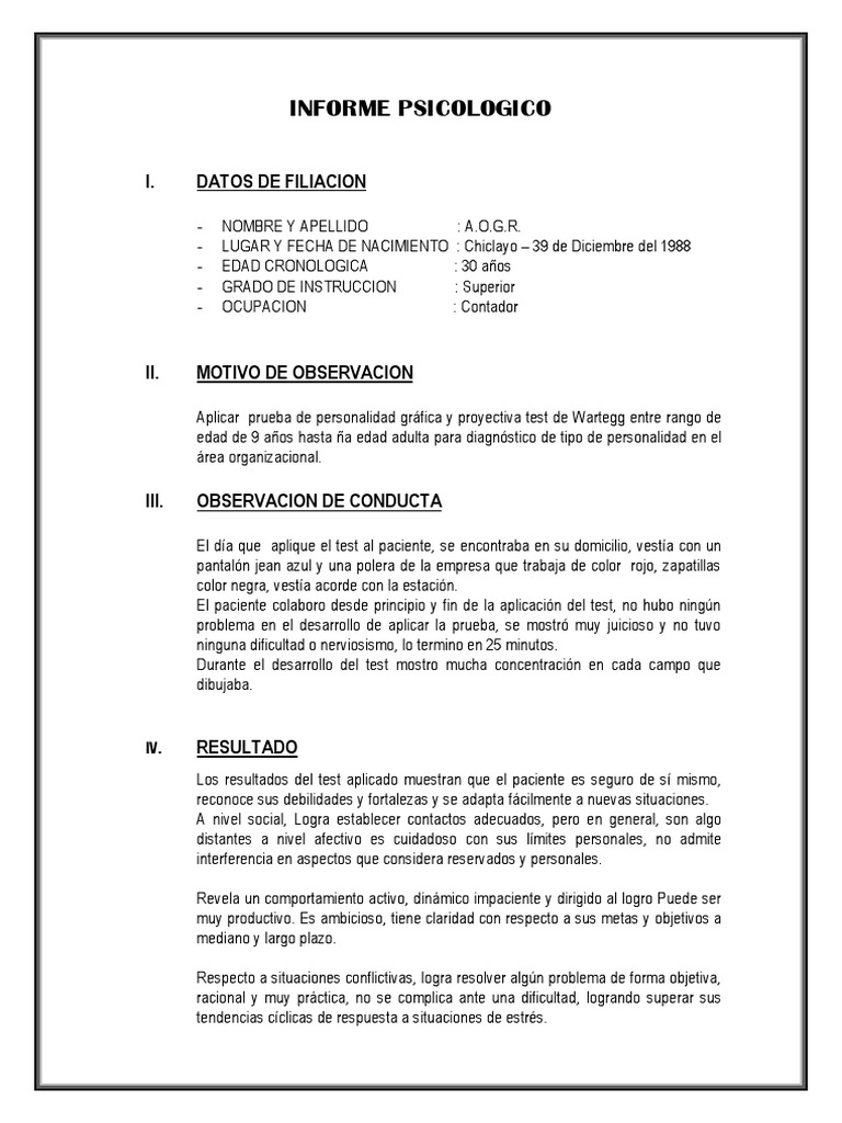 Informe Psicologico | PDF | Adultos | Sicología