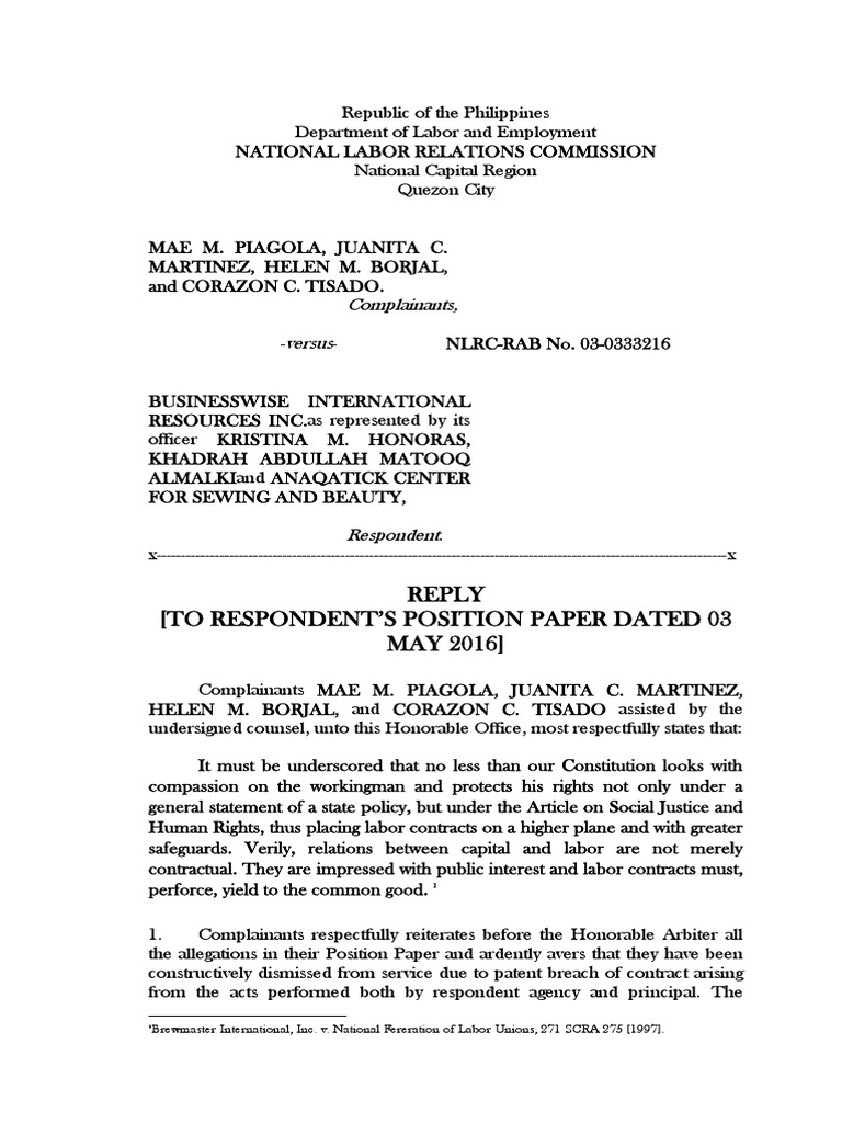 Reply (To Respondent'S Position Paper Dated 03 MAY 2016) : Complainants ...