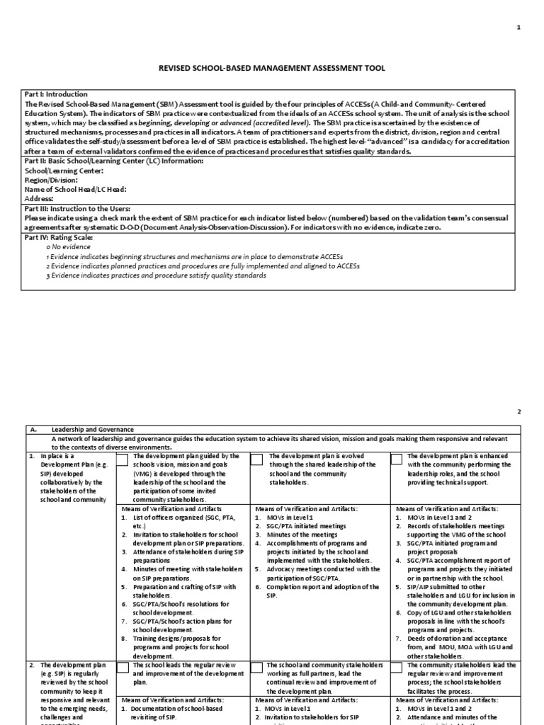 Revised SBM Assessment Tool 2024 | PDF | Educational Assessment ...
