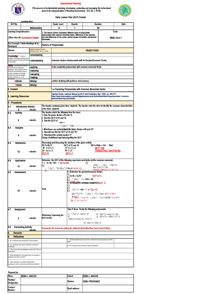 DLP Math 8 Quarter 1 | PDF | Factorization | Lesson Plan
