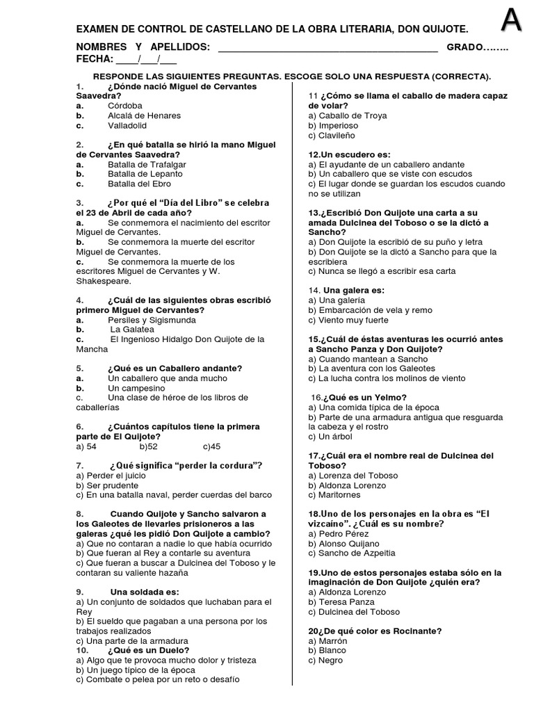 Evaluación | PDF | Don Quijote | Miguel De Cervantes