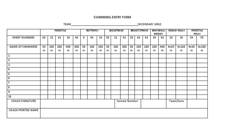 Swimming Entry Form: Freestyle Butterfly Backstroke Breast Stroke ...